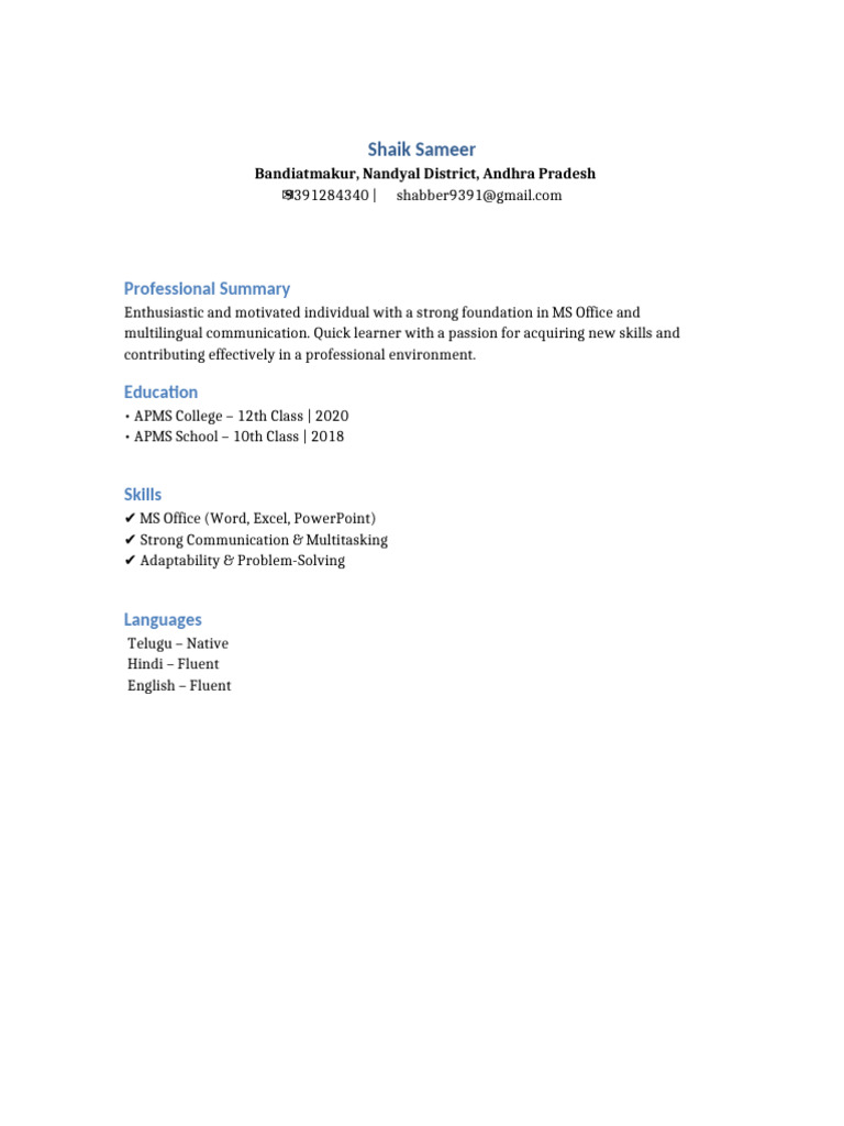 Shaik Sameer Resume | PDF