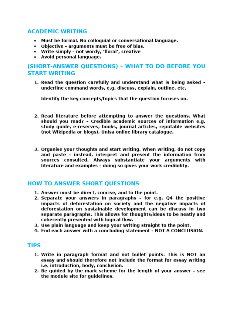 Academic Writing and Short-Answer Questions | PDF
