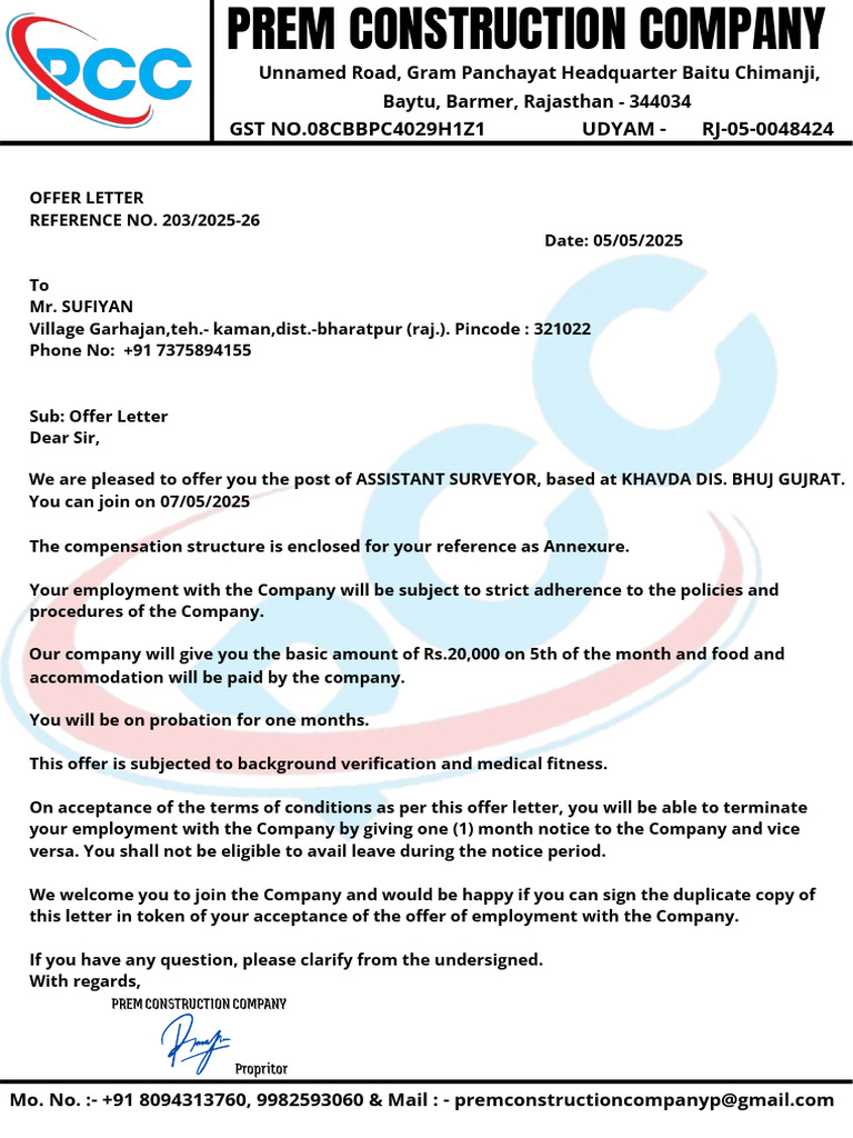Sufiyan Job Offer Letter | PDF | Labor