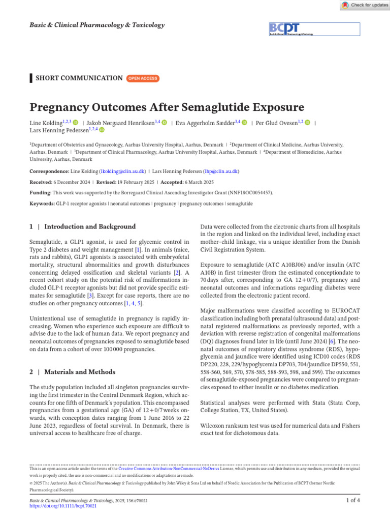 Basic Clin Pharma Tox - 2025 - Kolding - Pregnancy Outcomes After Semaglutide Exposure | PDF ...