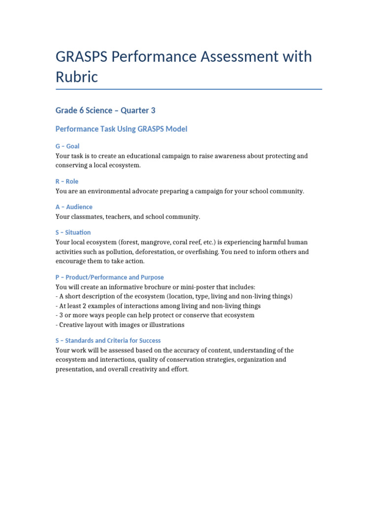 GRASPS Performance Assessment Grade6 Science | PDF | Conservation Biology | Ecosystem
