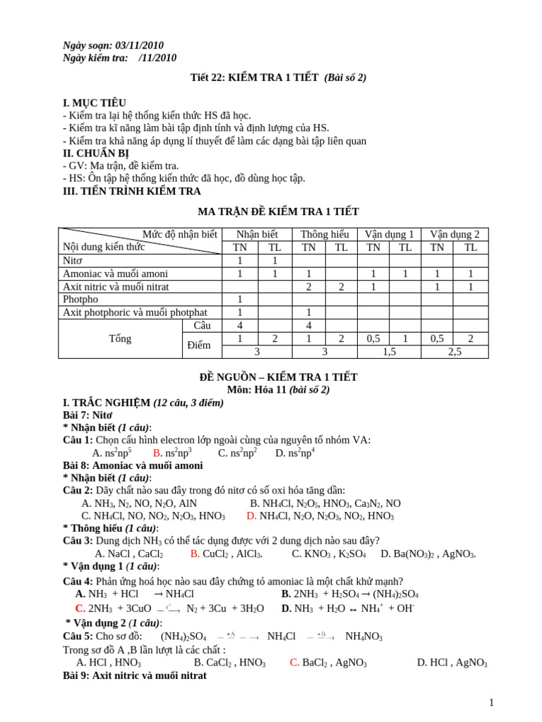 De KT 1 Tiet Hoa 11 Ma Tran DA | PDF