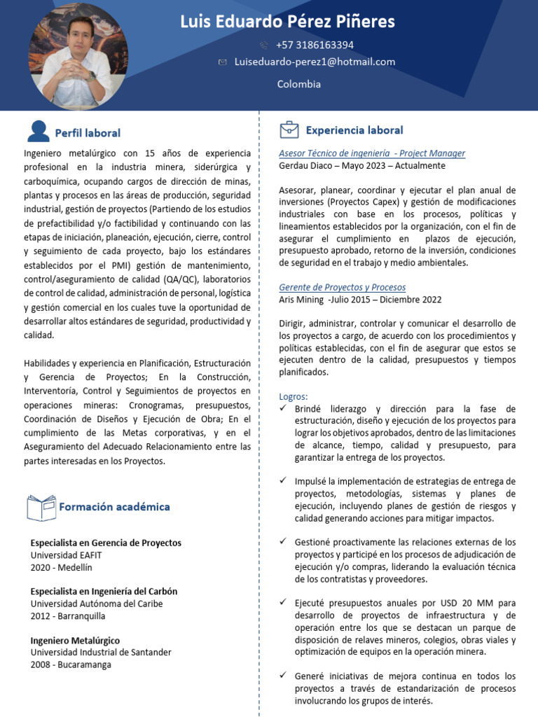 Hoja de Vida Luis Eduardo Pérez | PDF | Minería | Planificación