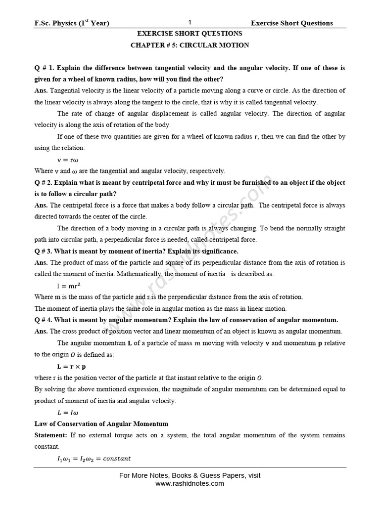 F.Sc. Physics Circular Motion Questions | PDF | Angular Momentum ...