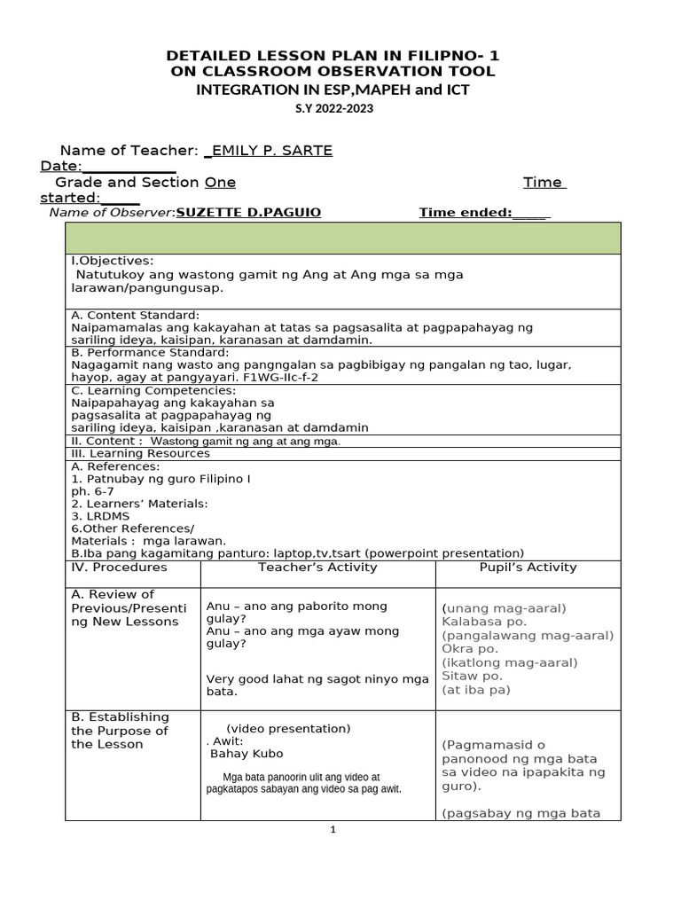 Detailed Lesson Plan in Filipino Cot2 | PDF