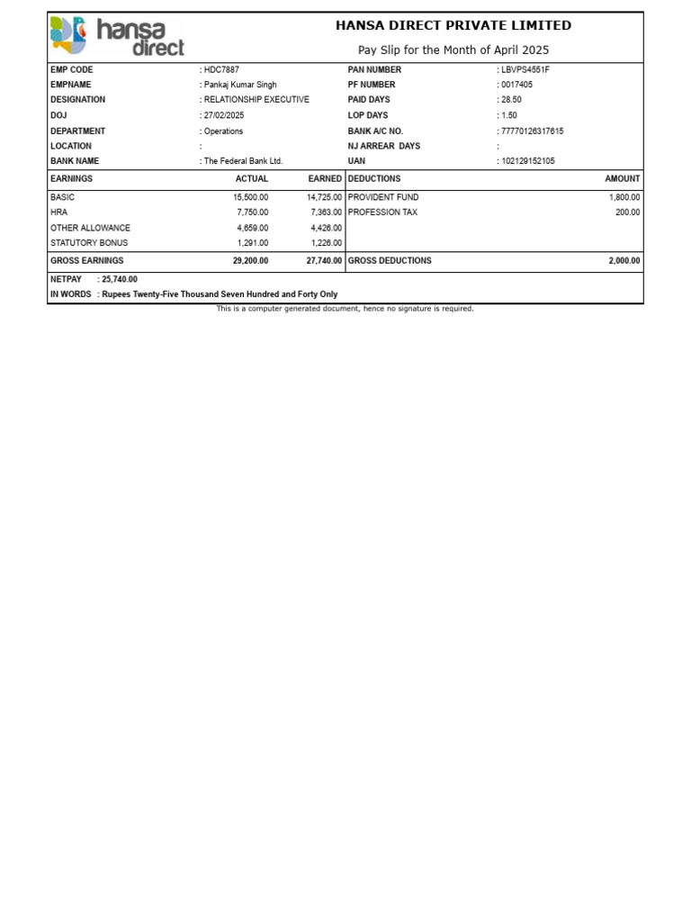 Hansa Direct Pvt. Ltd. April 2025 Payslip | PDF