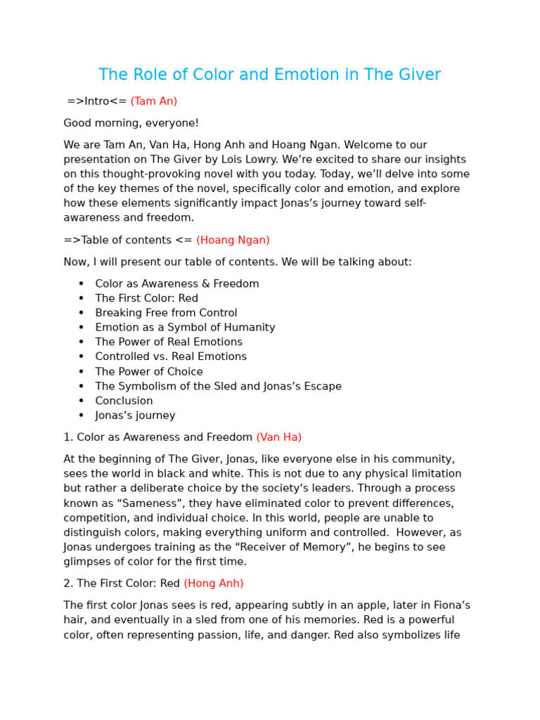 The Role of Color and Emotion in The Giver | PDF