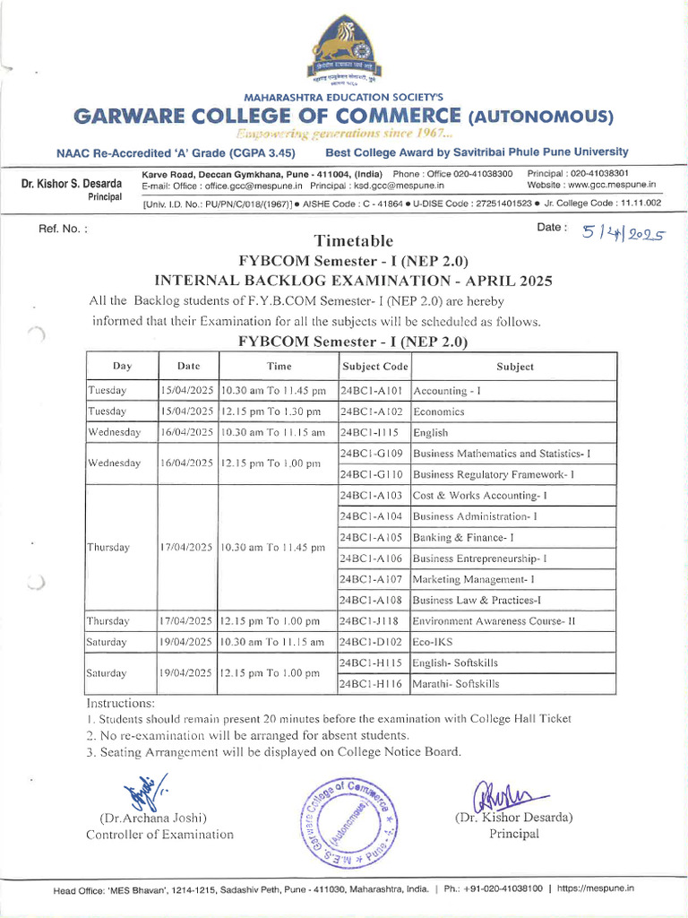 Exam TImetable FY BCOM NEP 2 0 Internal Backlog April 2025 | PDF