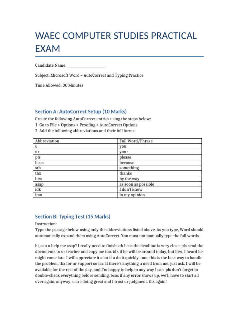WAEC AutoCorrect Practice | PDF