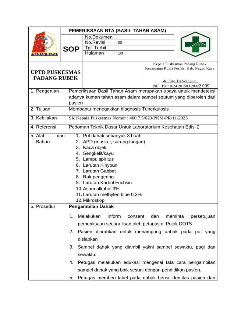 Sop Pemeriksaan Bta | PDF