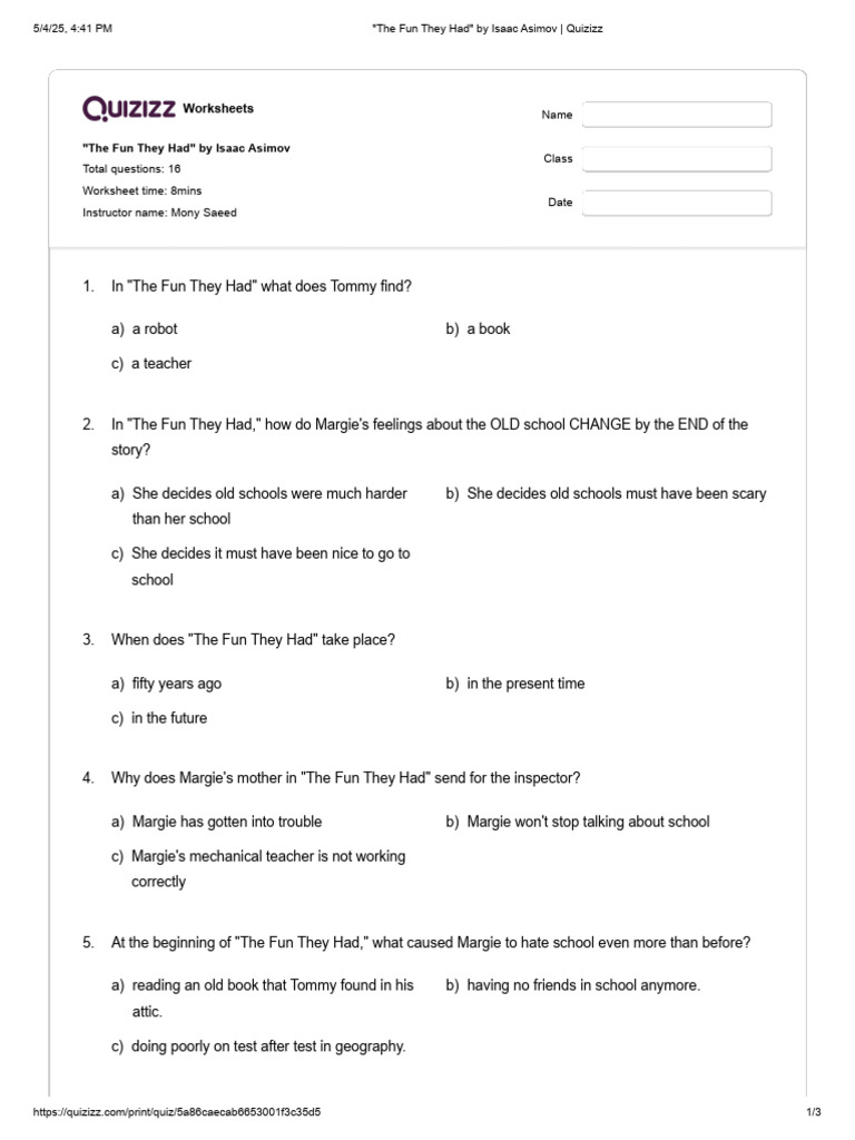 _The Fun They Had_ by Isaac Asimov _ Quizizz | PDF | Books