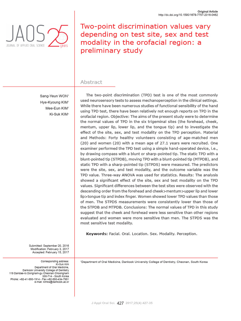 Two-Point Discrimination Values Vary Depending On Test Site, Sex and ...