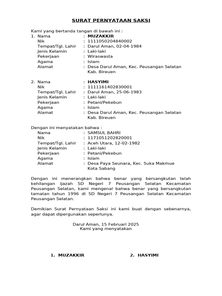 SURAT PERNYATAAN SAKSI | PDF