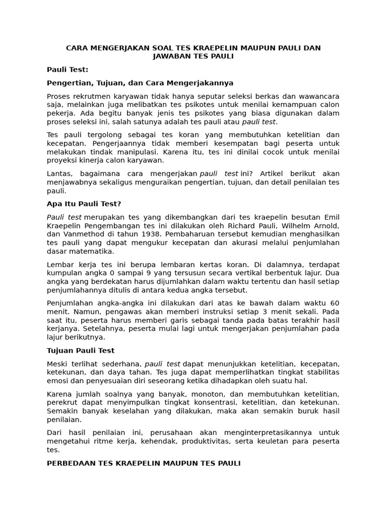 Cara Mengerjakan Soal Tes Kraepelin Maupun Pauli Dan Jawaban Tes Pauli ...
