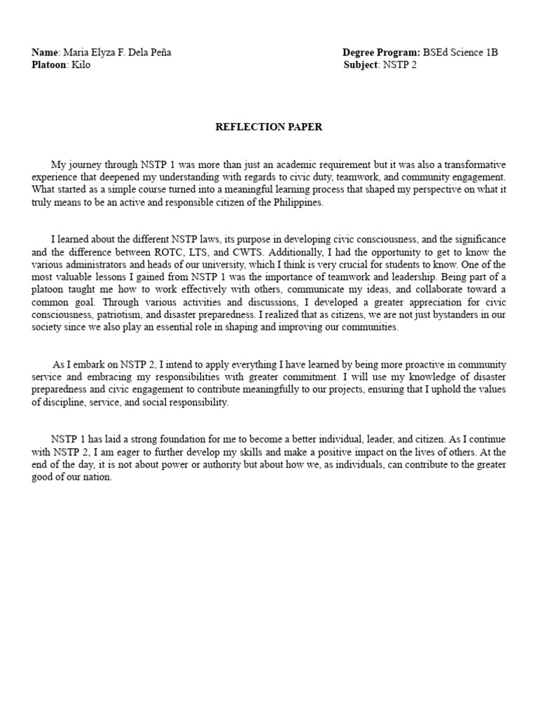 Dela Peña-NSTP 2 Reflection | PDF