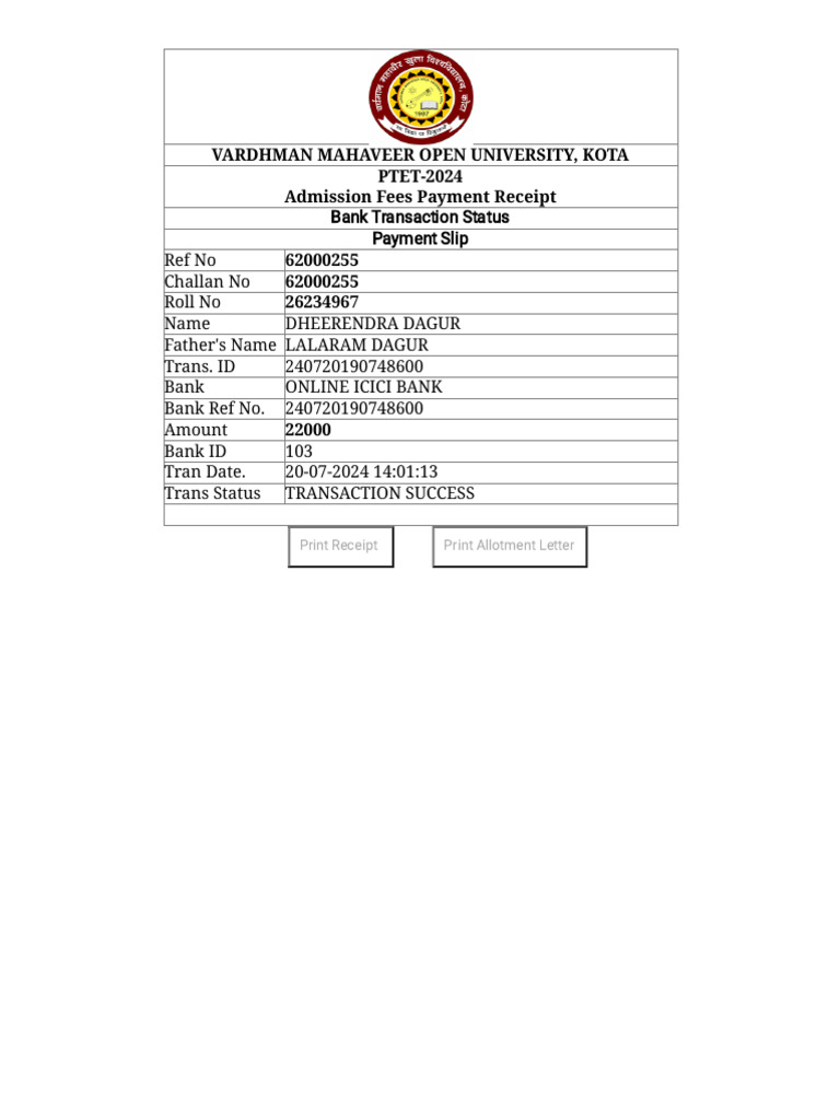 Vardhman Mahaveer Open University, Kota PTET-2024 Admission Fees Payment Receipt | PDF