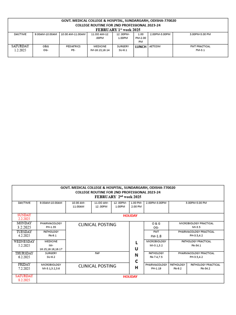 2ND Prof MBBS Routine From 1.2.2025 To 28.02.2025 | PDF | Medical School | Health Sciences