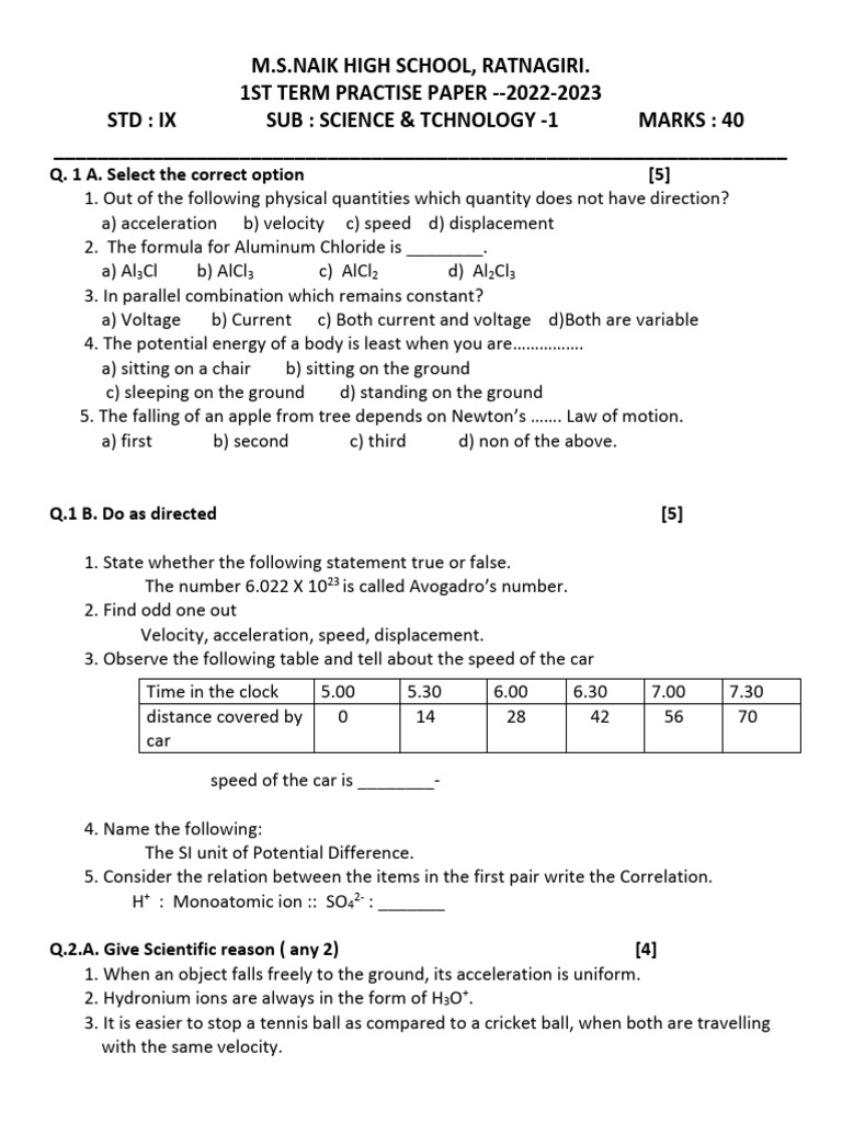 9th Sci A 1st Term Prctice Paper | PDF | Chloride | Magnesium
