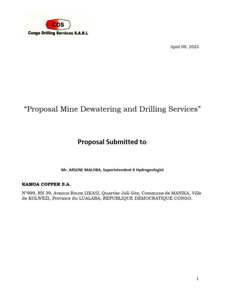 Proposal Mine Dewatering Services and Drilling - Kamoa Copper SA - 123007 | PDF | Hydrogeology ...