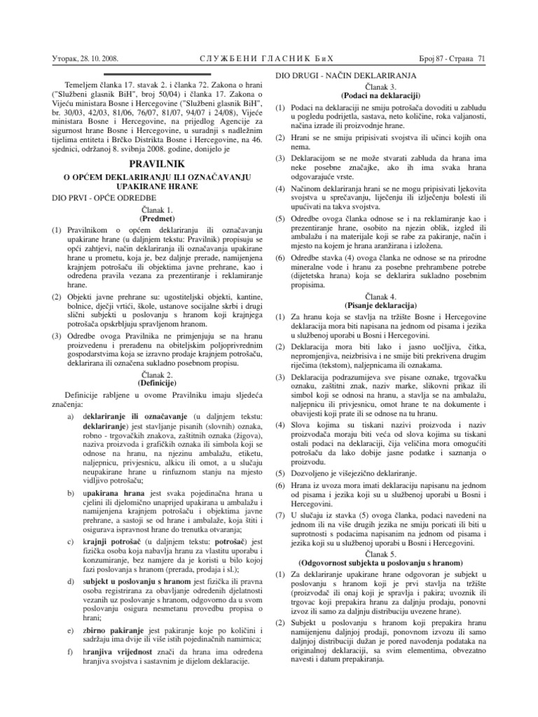 Hr-Pravilnik o Opcem Deklariranju Ili Oznacavanju Upakirane Hrane 87-08 | PDF
