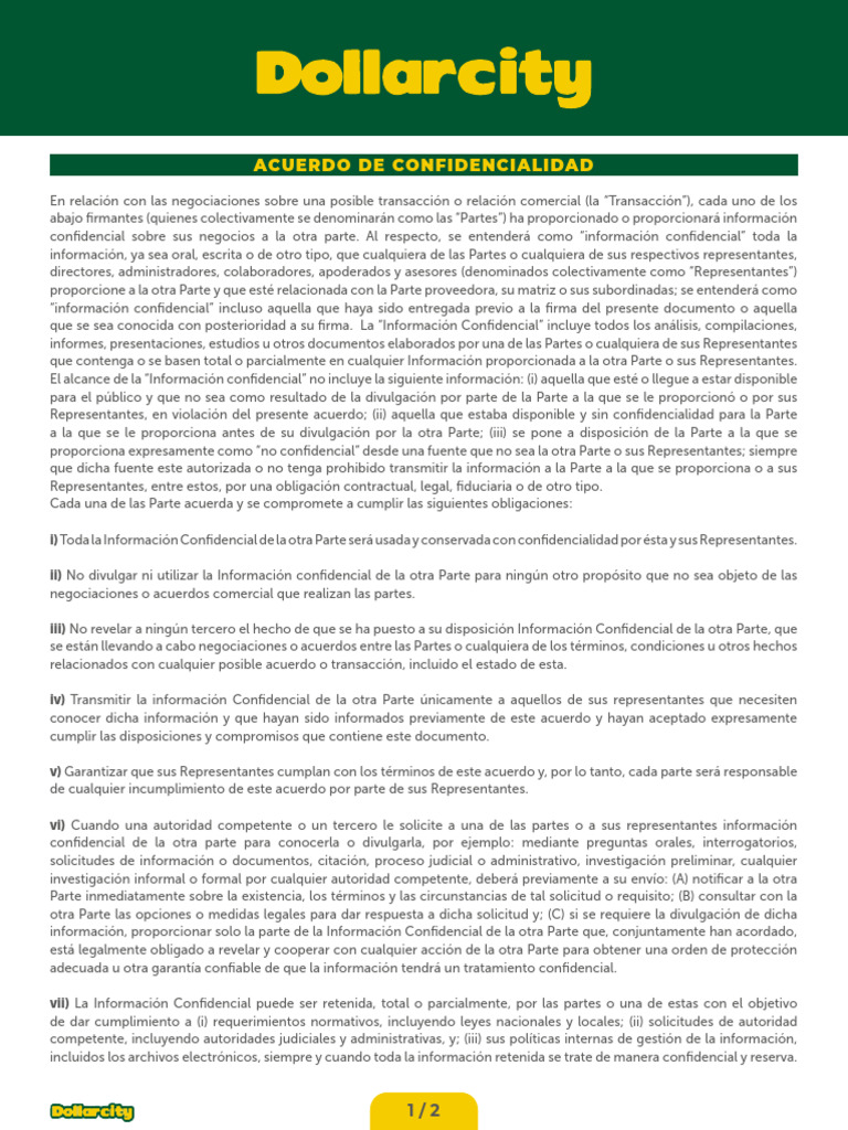 Formato NDA Bilateral - Dollarcity y Proveedor | PDF | Acuerdo de no ...