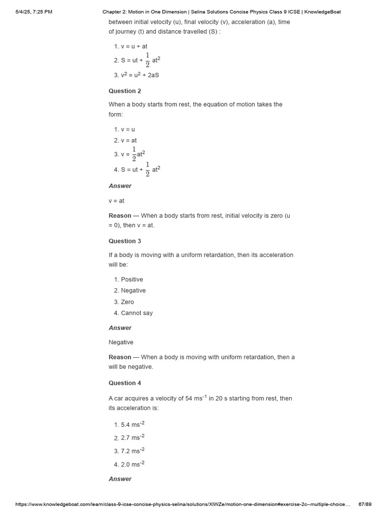Chapter 2 - Motion in One Dimension - Selina Solutions Concise Physics Class 9 ICSE ...