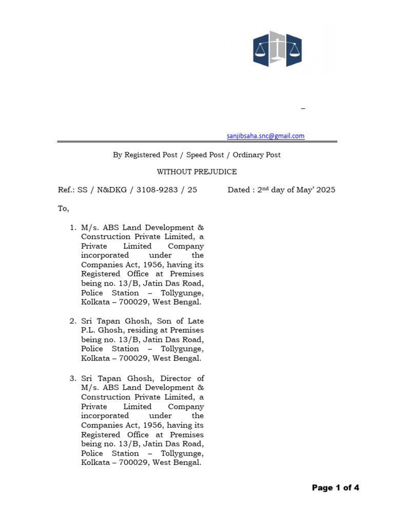 Demand Notice - Nilima Giri and Dhiraj Kumar Giri - May - 2025 | PDF | Kolkata | Common Law