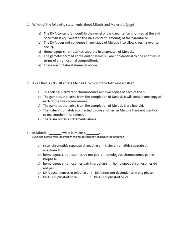Chapter 13 Practice Questions Pdf Meiosis Mitosis