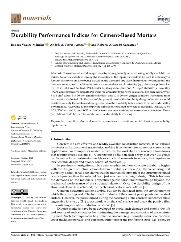 Materials-14-02758 - Durability Performance Indices For Cement Mortar ...