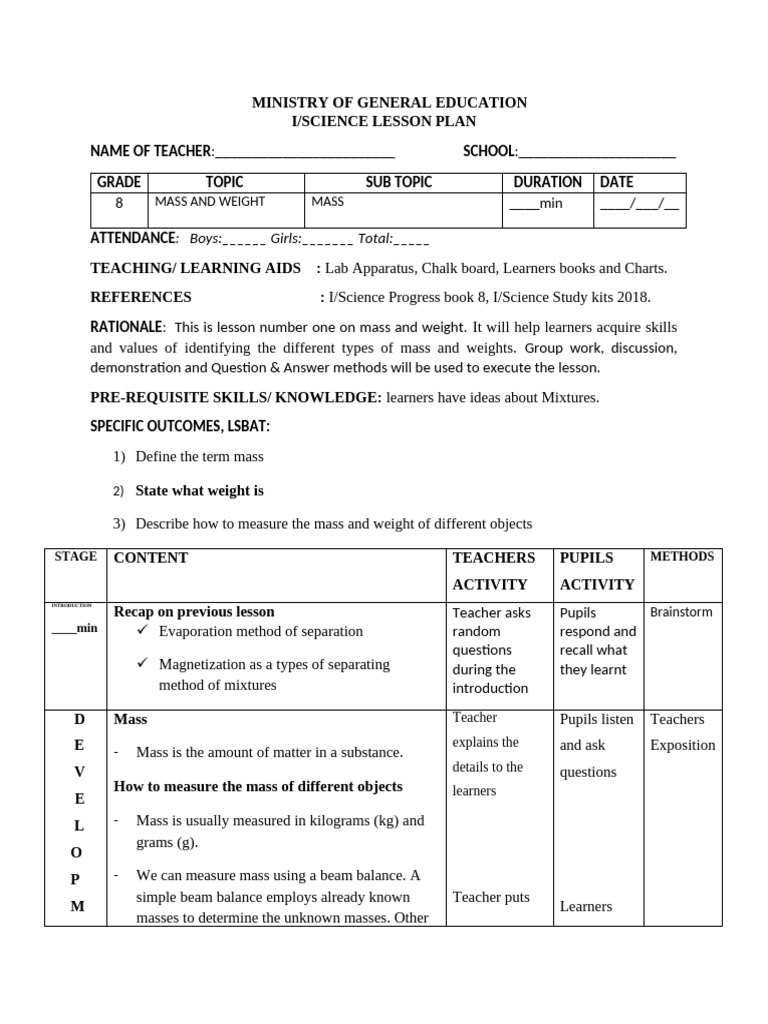 Grade 8 Integrated Science Mass and Weight - Mass Editable Lesson Plan | PDF | Weight | Weighing ...