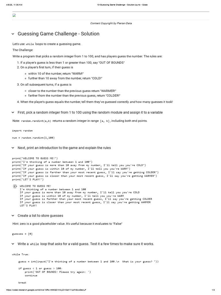 10-Guessing Game Challenge - Solution - Ipynb - Colab | PDF | Computer Programming | Software ...