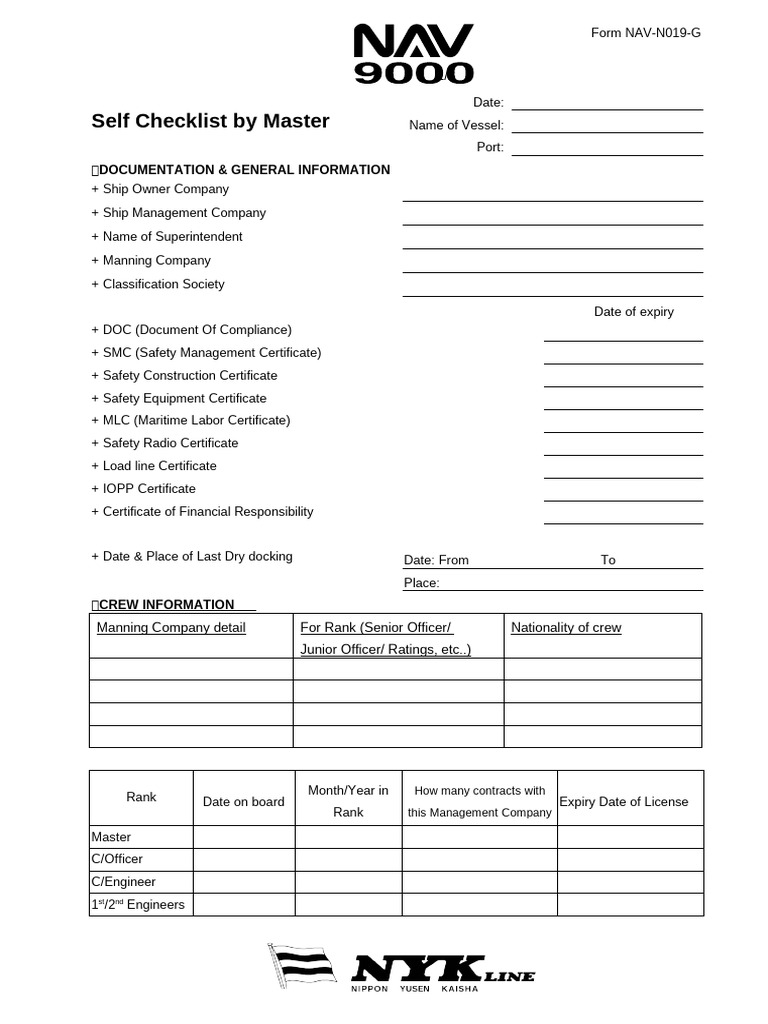 NAV9000 Self Checklist by Master (Form NAV-N019-G) | PDF | Watercraft | Shipping