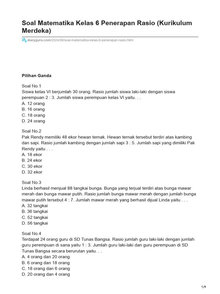 diaryguru.com-Soal Matematika Kelas 6 Penerapan Rasio Kurikulum Merdeka ...