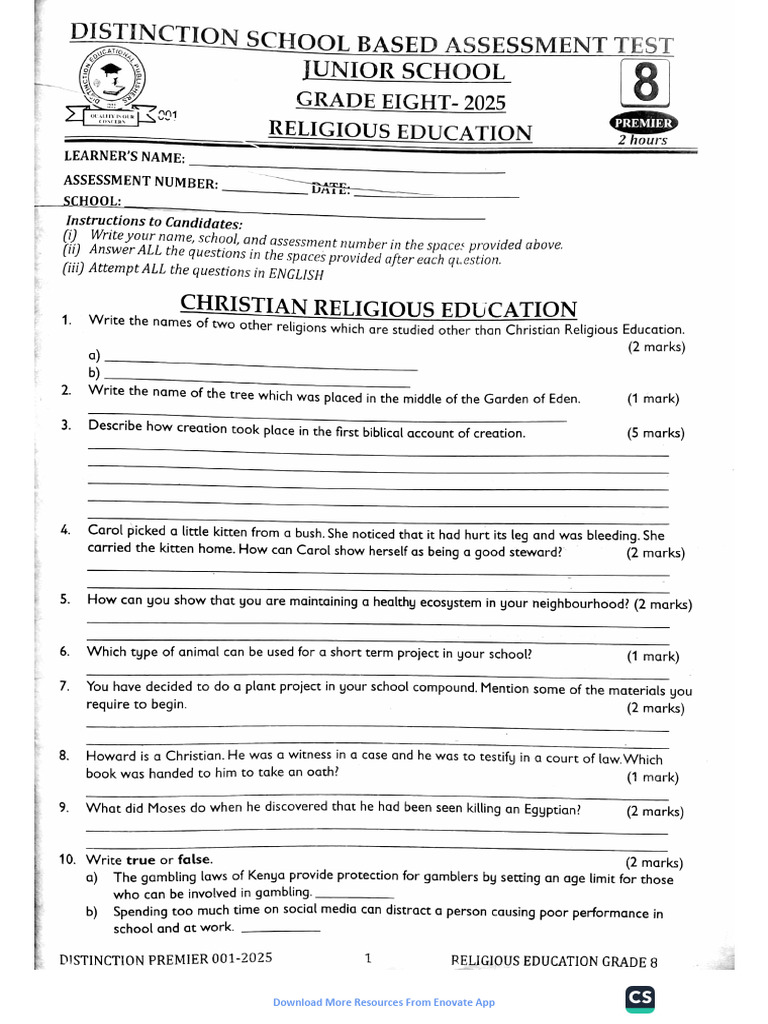 Grade 8 Cre Distinction 001 | PDF
