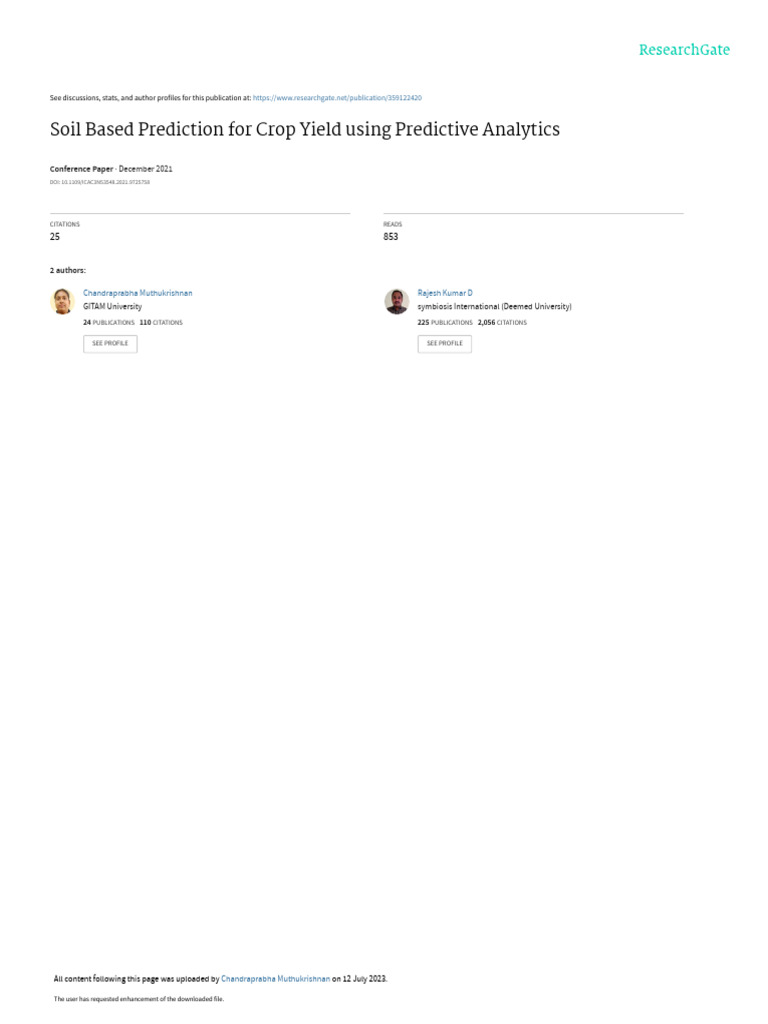 Soil Based Prediction For Crop Yield Using Predictive Analytics | PDF