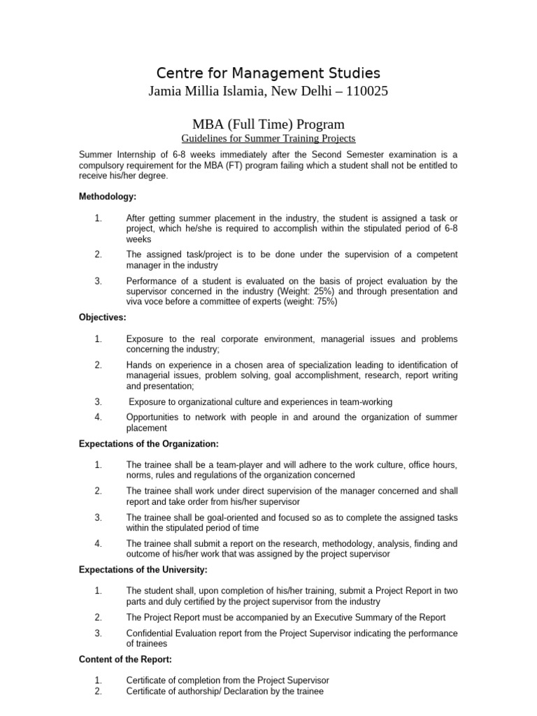 Summer Internship Guidelines for MBA | PDF | Internship | Job Hunting