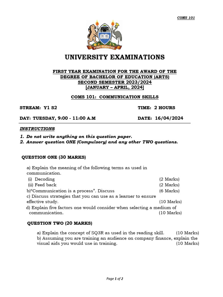 COMS 101 Exam Paper - Kisii University | PDF | Communication ...