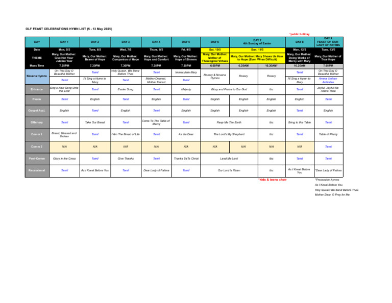 OLF Feast Hymn Schedule 2025 | PDF | Mary, Mother Of Jesus | Christian ...