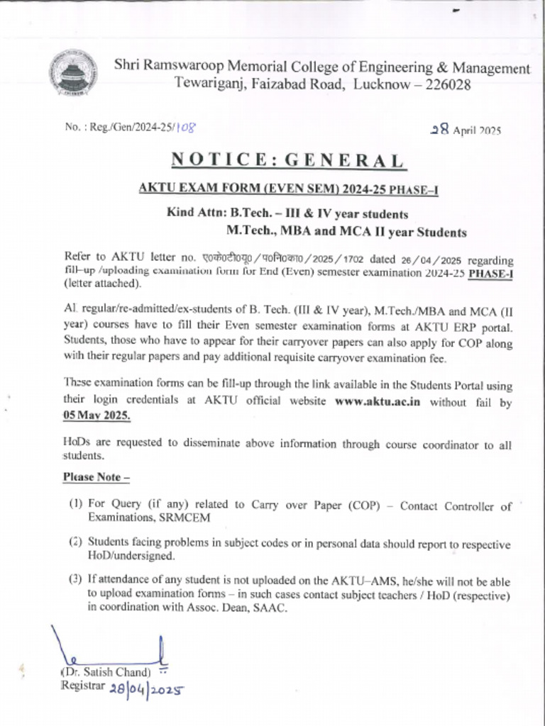 Aktu Exam Form Even Sem 2024-25 Phase-I | PDF