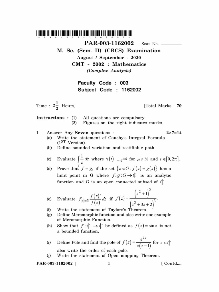 MSC (MATHS) SEM-2 (2016) August-2020 - COMPLEX ANALYSIS | PDF