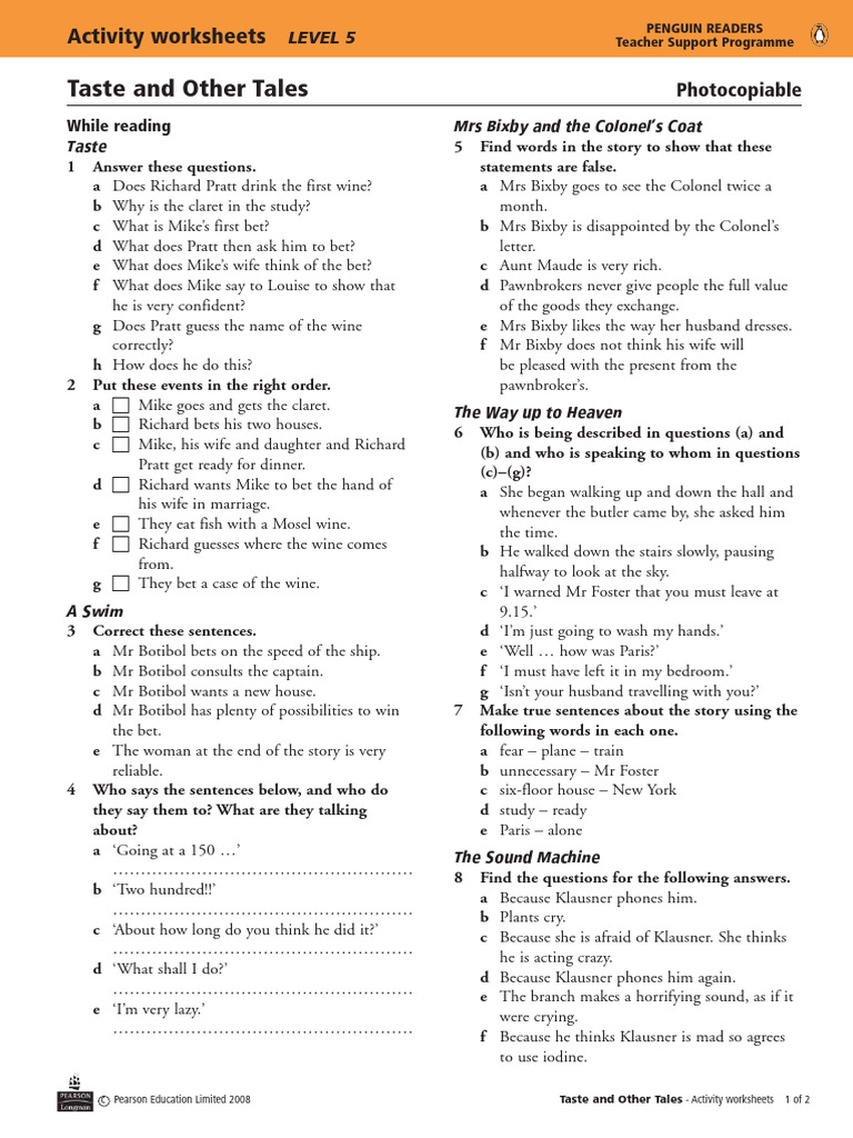 Level 5 Activity Worksheets for "Taste and Other Tales" | PDF