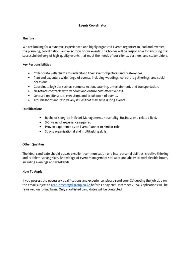 Events Coordinator Job Overview | PDF