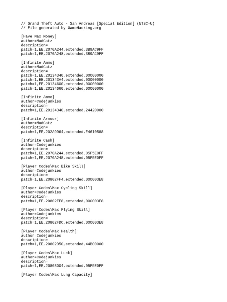 GTA San Andreas Special Edition Codes | PDF