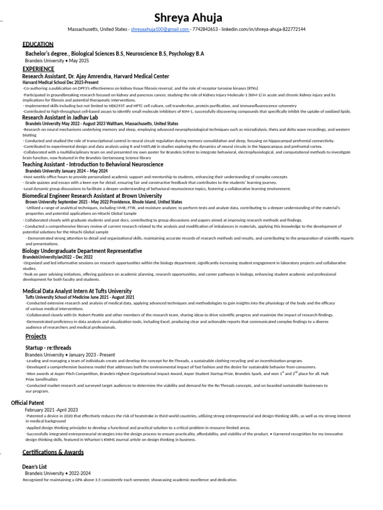 RESUME - Shreya Ahuja | PDF | Neuroscience | Startup Company