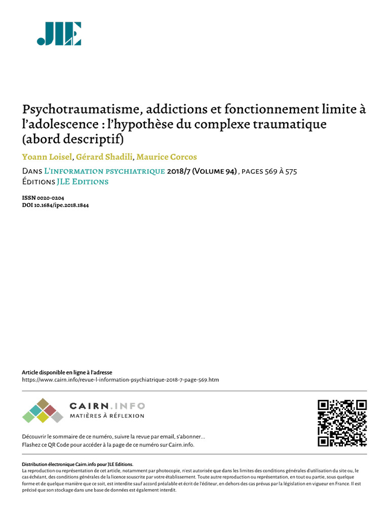 Psychotraumatisme, addictions et fonctionnement limite à l’adolescence ...
