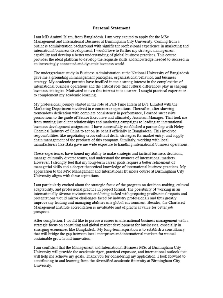 Personal Statement - MSC Management and International Business ...