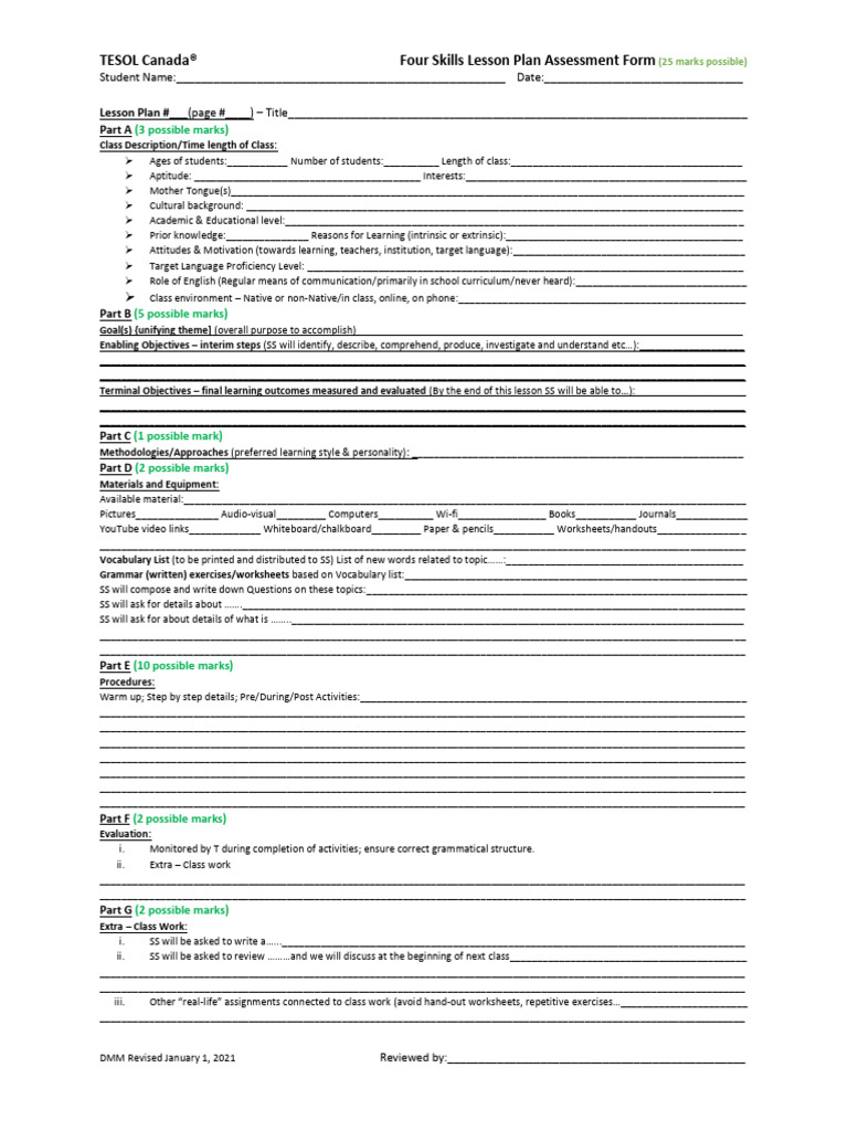 4 Skills Lesson Plan Review Form | PDF | Lesson Plan | Second Language