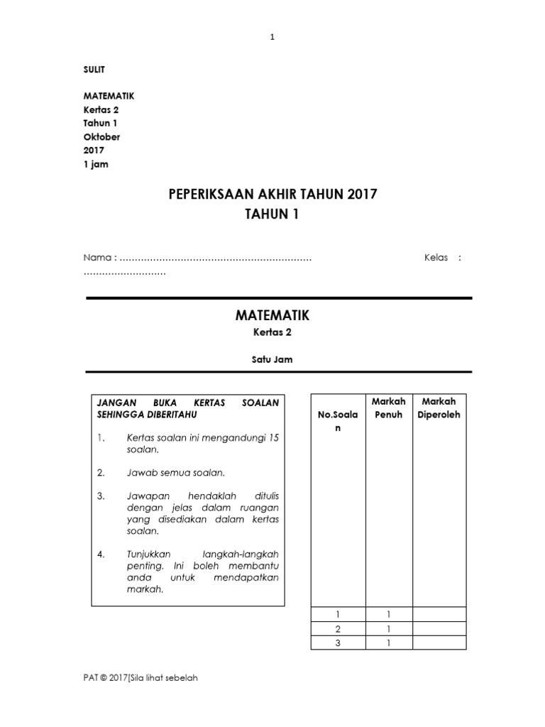 K2 Soalan-Pat-2018-Kssr-Semakan-2017-T1-Matematik-K1 | PDF