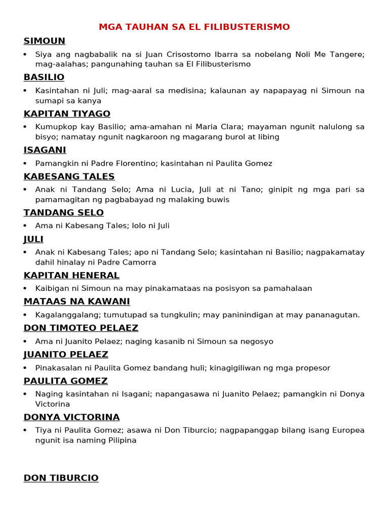 Mga Tauhan Sa El Filibusterismo | PDF