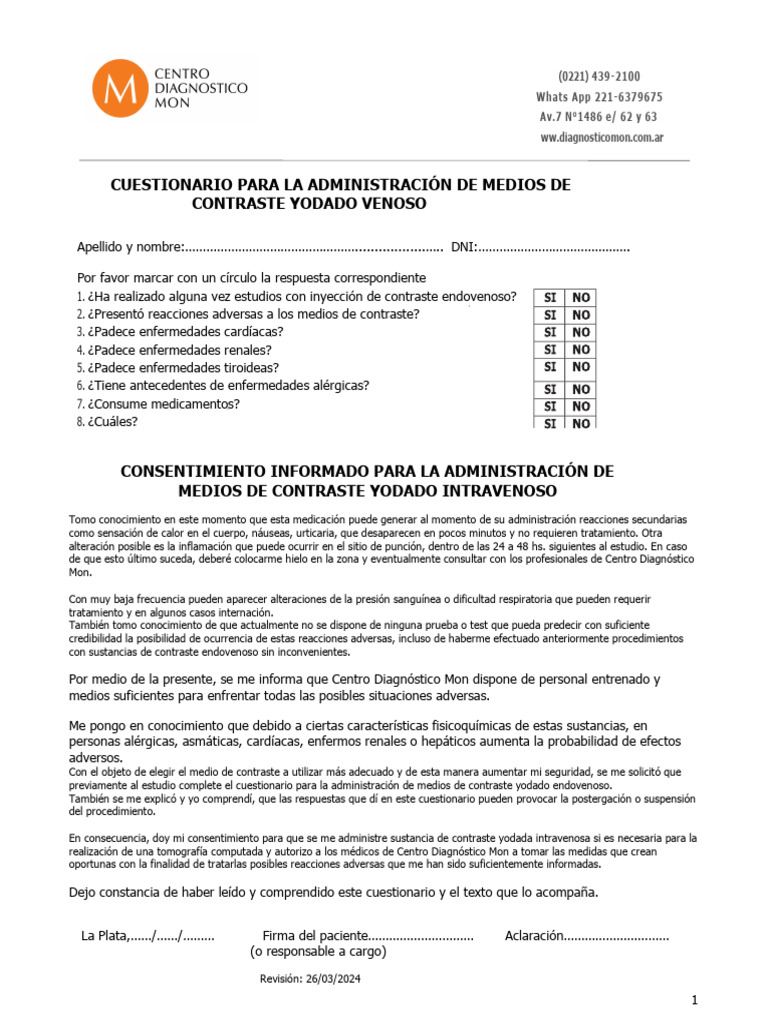 II.2A.F1 CI TC Contraste Yodado Venoso | PDF | Alergia | Inyección ...